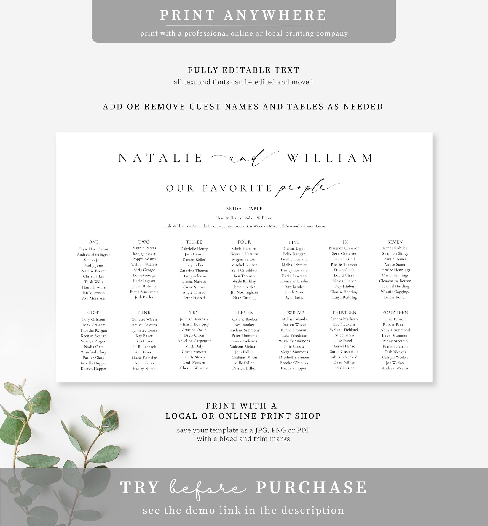 Ellesmere White | Printable Seating Chart Template – Black Bow Studio