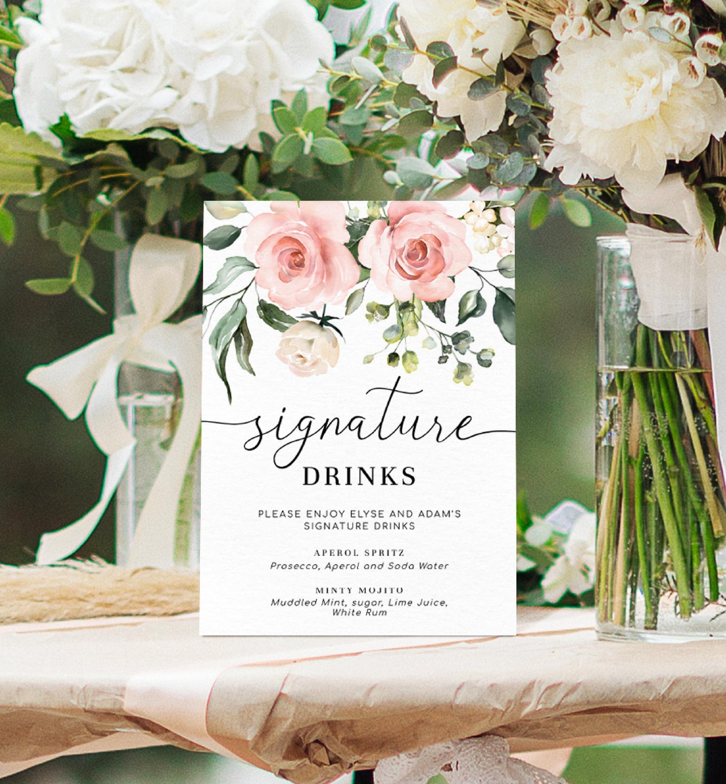 Darcy Floral Pink | Printable Signature Drinks Sign Template – Black ...