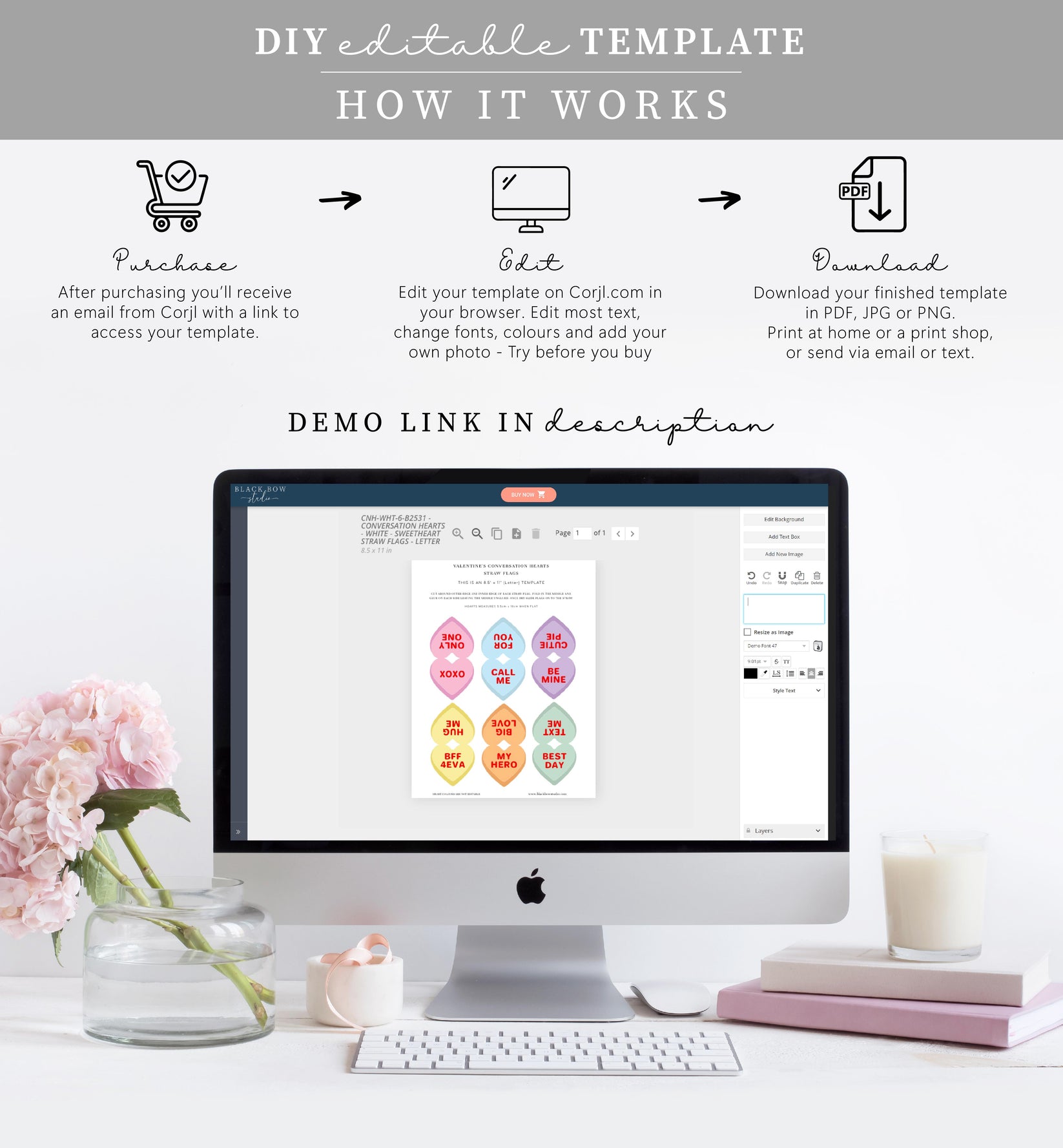 Convo Hearts White | Printable Sweetheart Valentine Straw Flags Templa ...