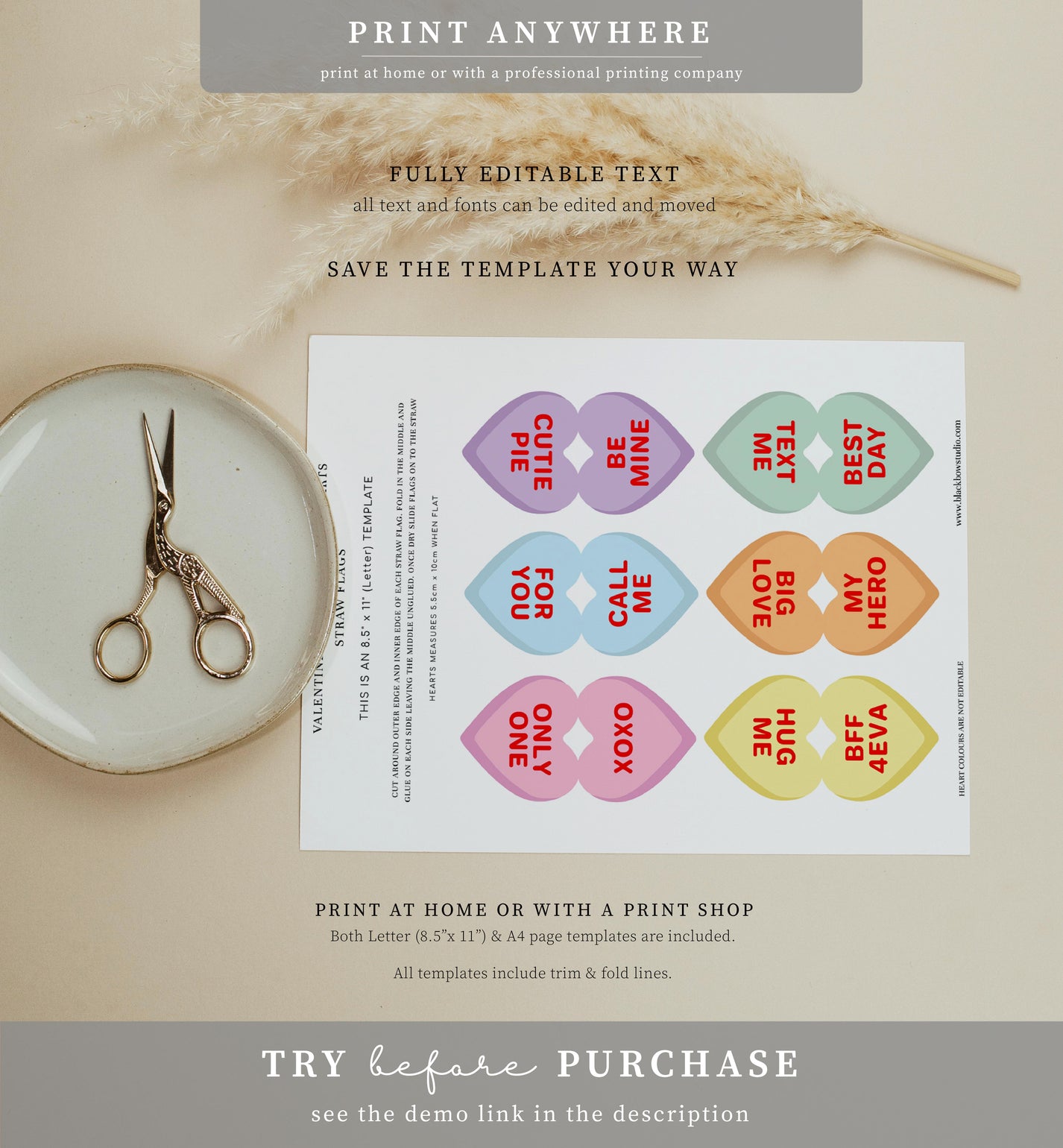 Convo Hearts White | Printable Sweetheart Valentine Straw Flags Templa ...