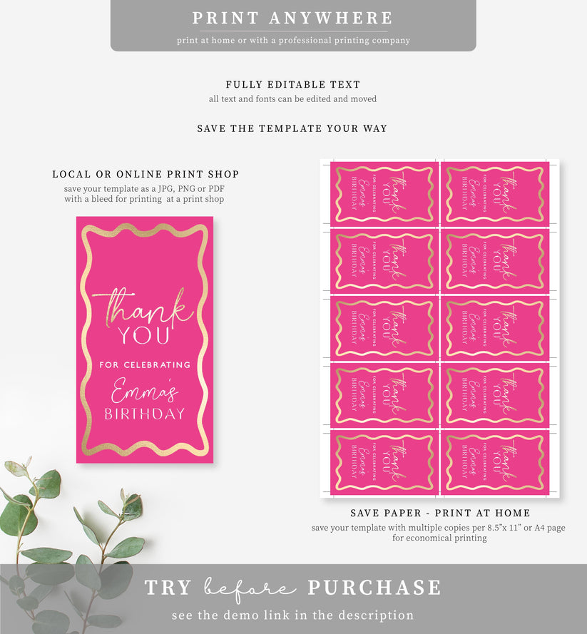 Wave Hot Pink Gold | Printable Thank You Favour Tag Template – Black ...