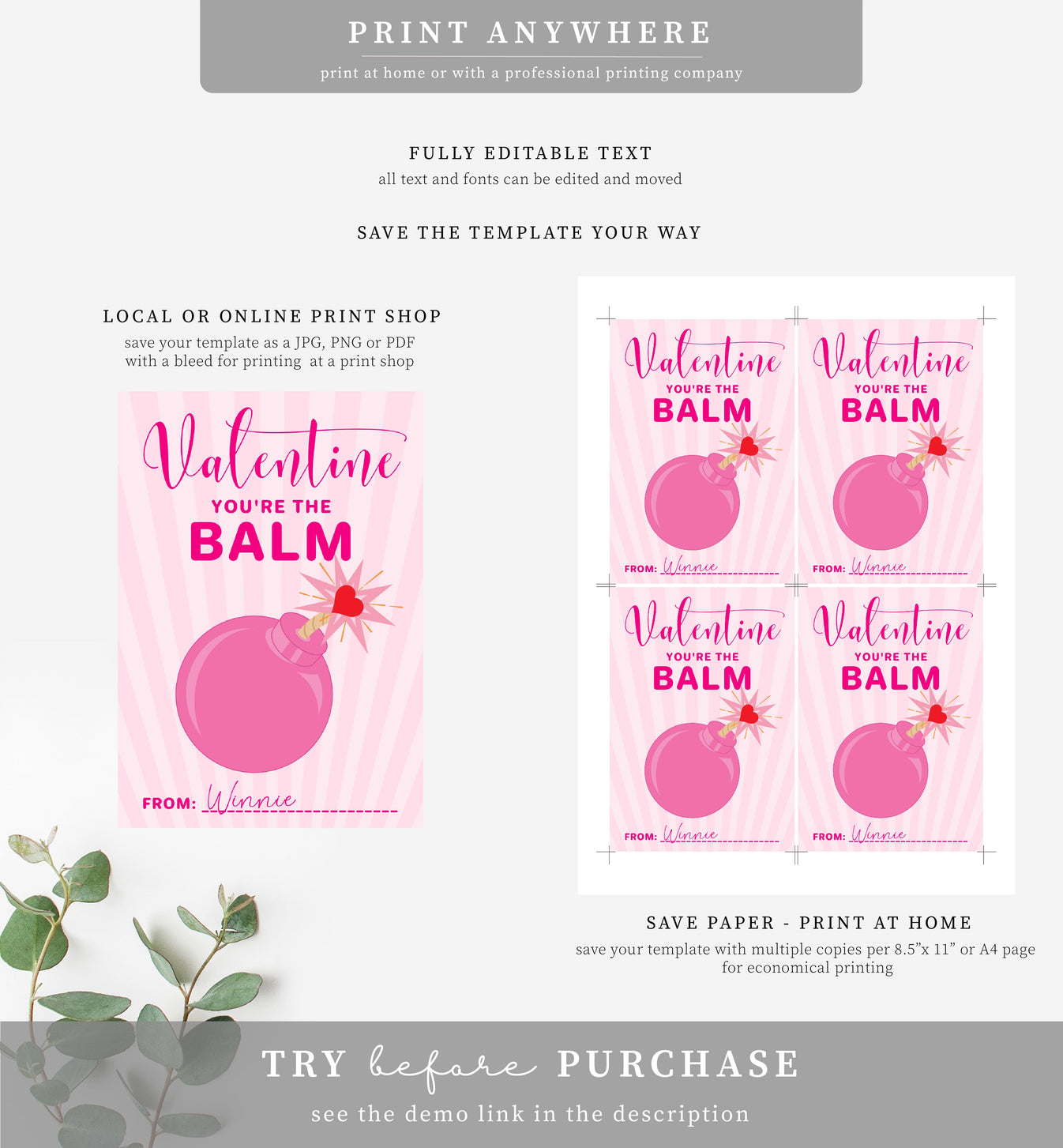 Sunray Pink | Printable Valentine's Day Lip Balm Card Template – Black ...