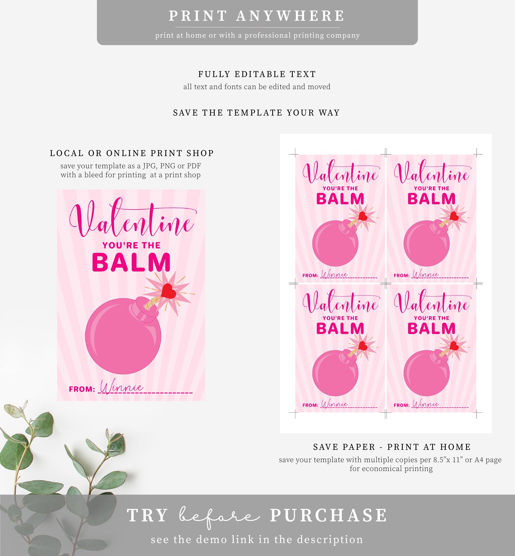 Sunray Pink | Printable Valentine's Day Lip Balm Card Template – Black ...