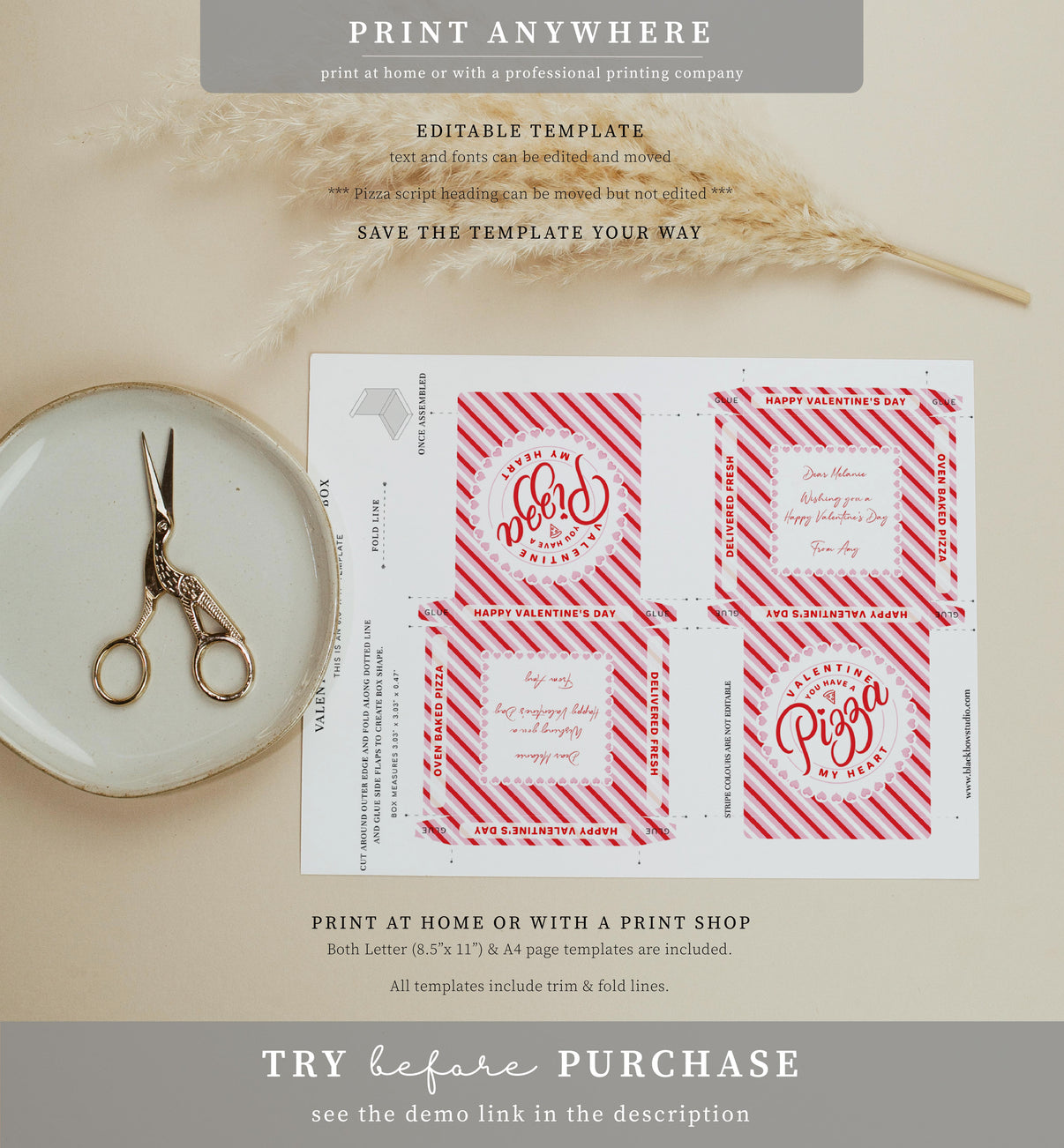 Stripe Pink | Printable Valentine's Day Pizza Box Template – Black Bow ...