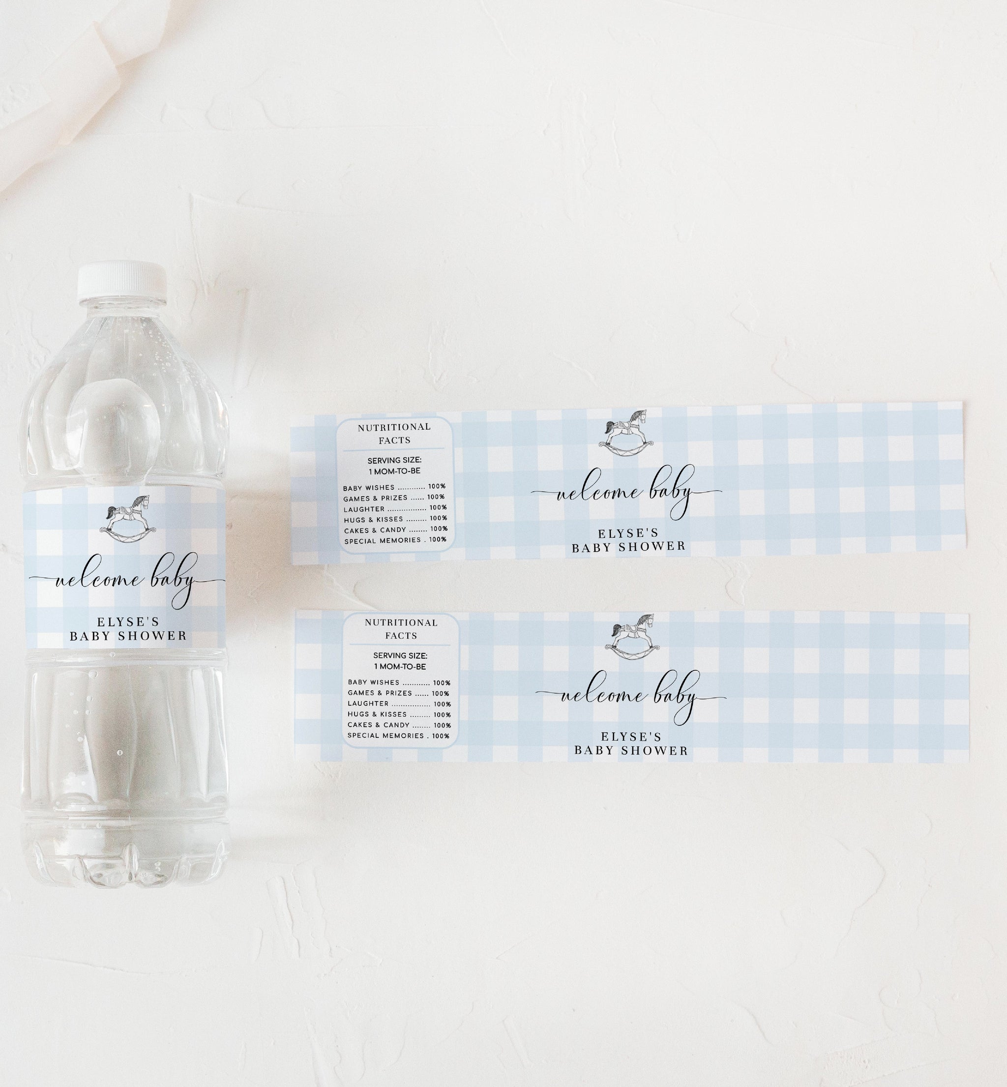 Gingham Blue Rocking Horse | Printable Water Bottle Favour Labels Temp ...