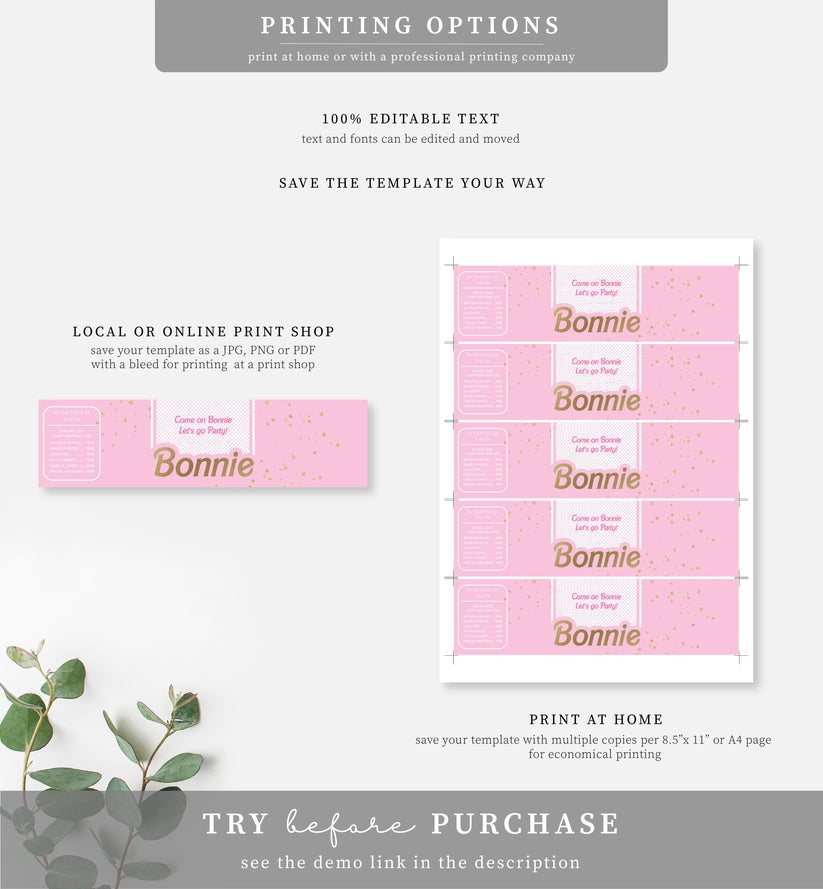 Barbie Party Pink Gold | Printable Water Bottle Favour Labels Template ...