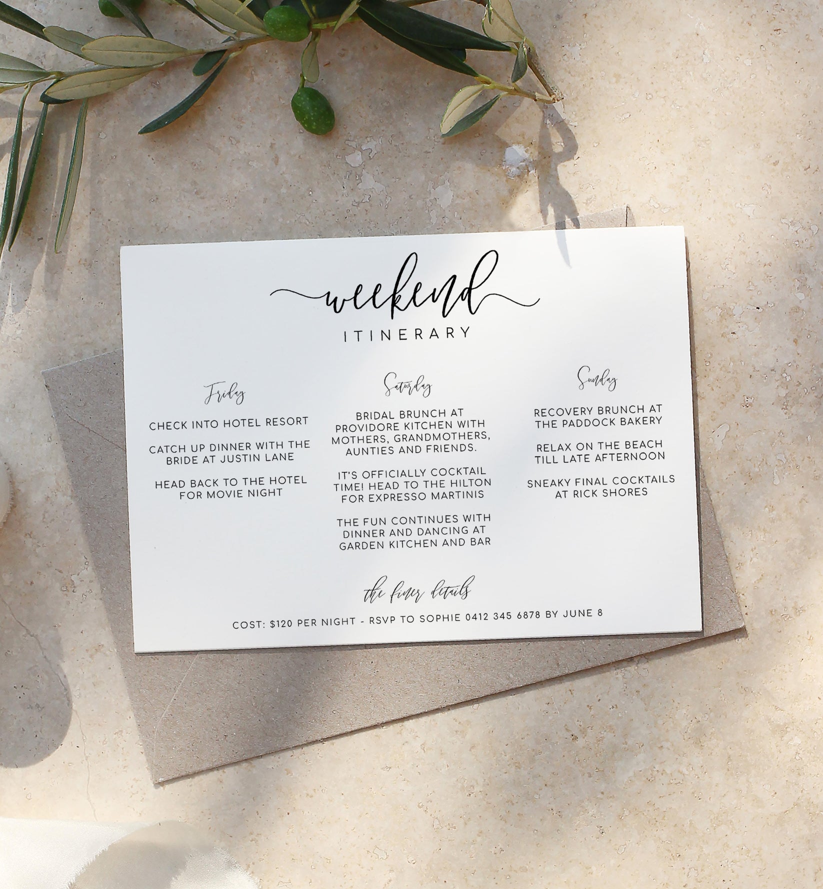 Lucas Script White | Printable Weekend Itinerary – Black Bow Studio