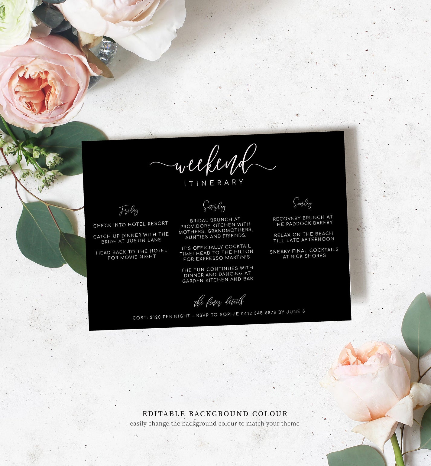 Lucas Script White | Printable Weekend Itinerary – Black Bow Studio