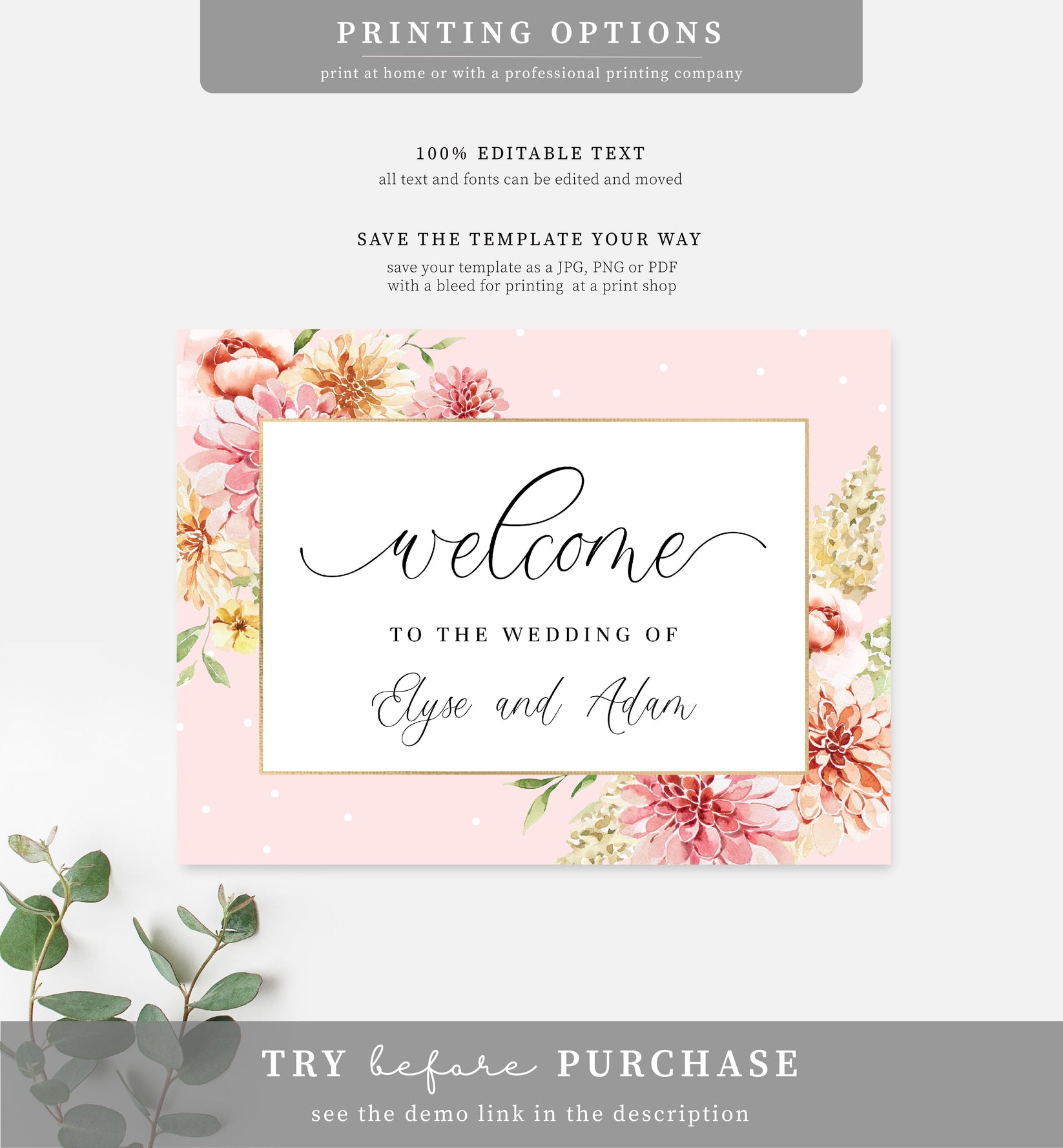 Darcy Floral Pink Printable Welcome Sign – Black Bow Studio