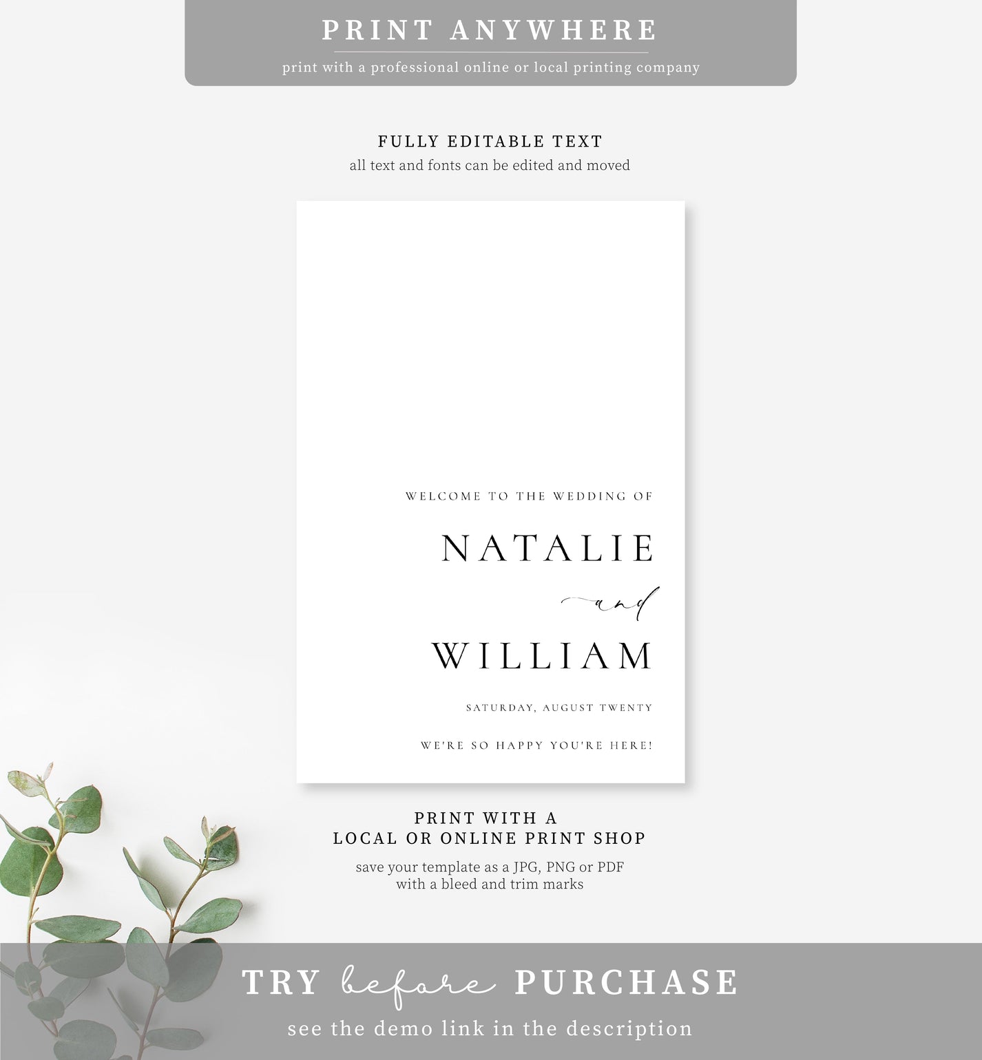 Ellesmere White | Printable Welcome Sign Template – Black Bow Studio