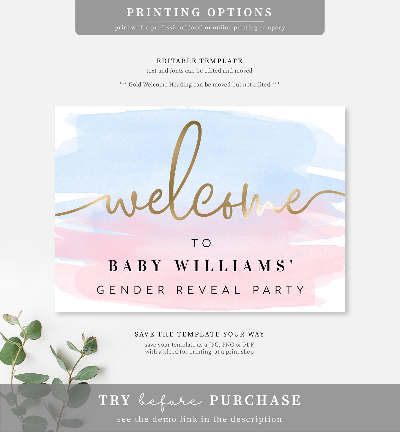 Watercolour Pink Blue | Printable Welcome Sign – Black Bow Studio