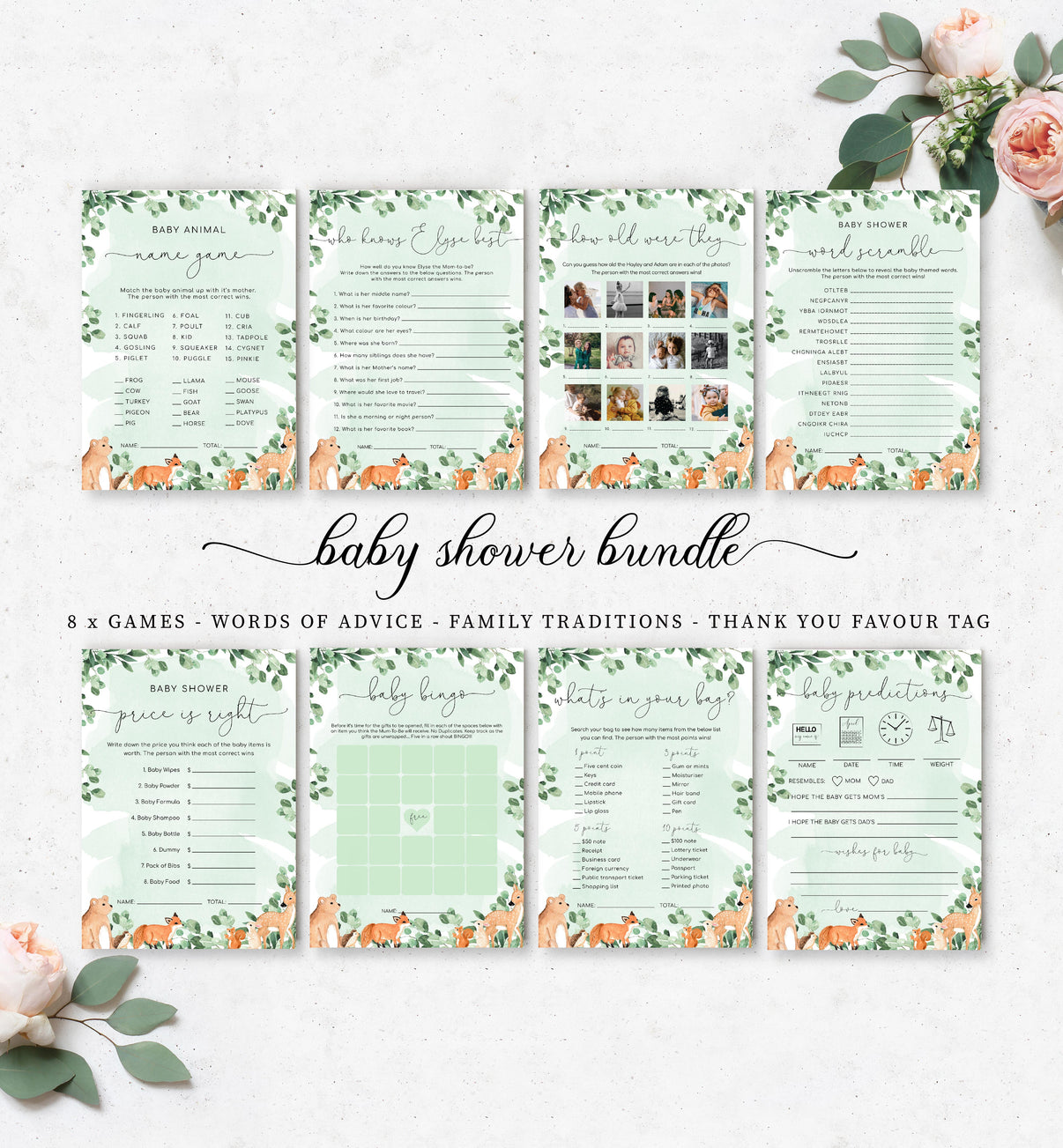 Woodland Animals Green | Printable Baby Shower Games Bundle – Black Bow ...