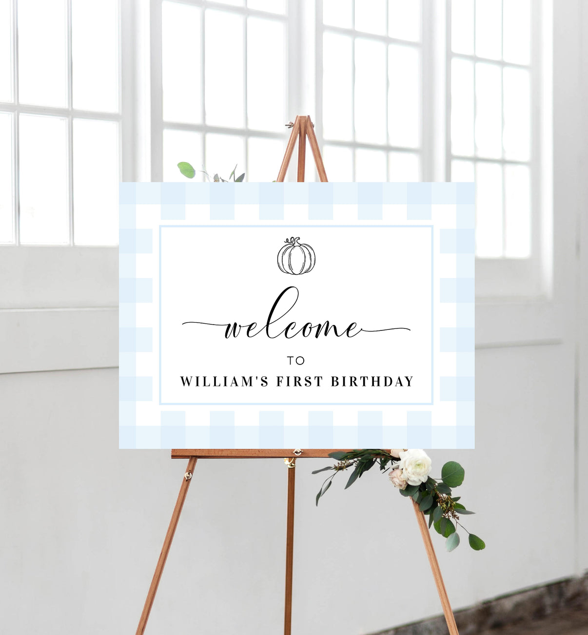 Gingham Blue Pumpkin | Printable Welcome Sign Template – Black Bow Studio